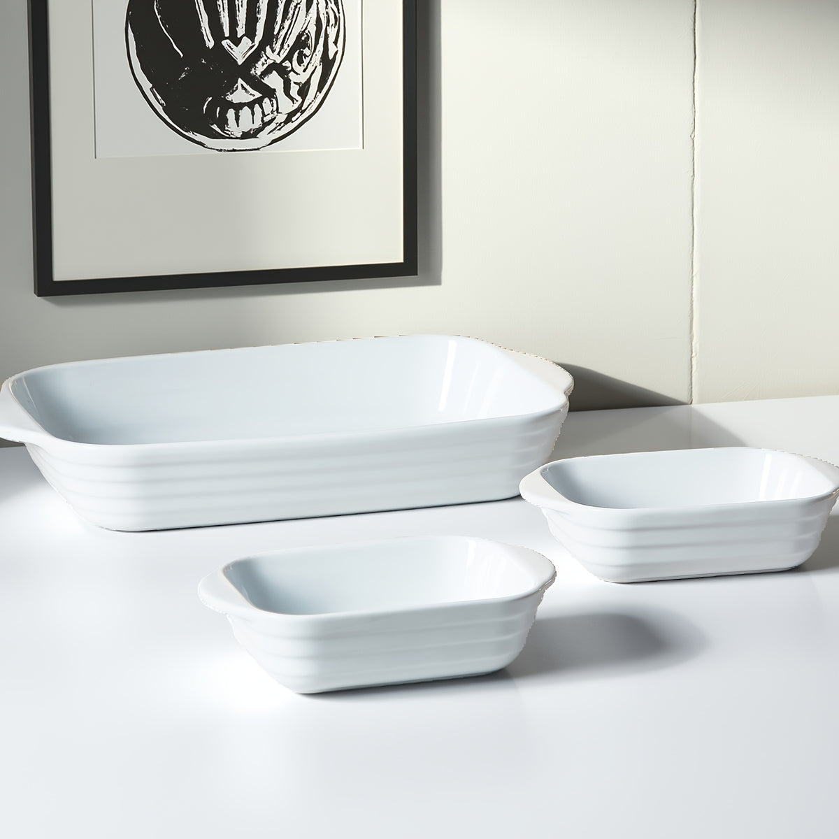 ONEMORE porcelain baking bowl set,3pcs rectangular baking tray with do ...